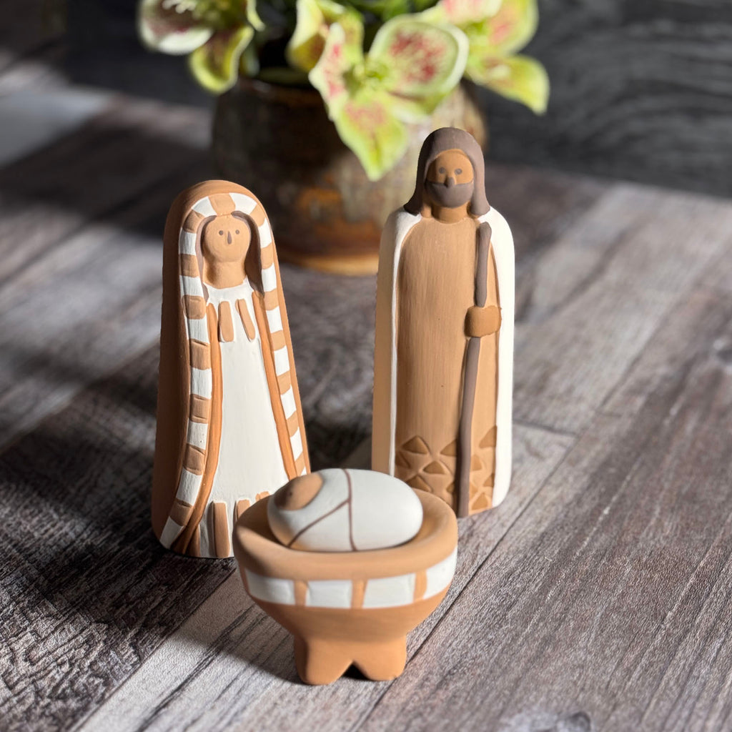 Handpainted Terra Cotta 3-Piece Nativity Set, Joseph, Mary, Baby Jesus ...
