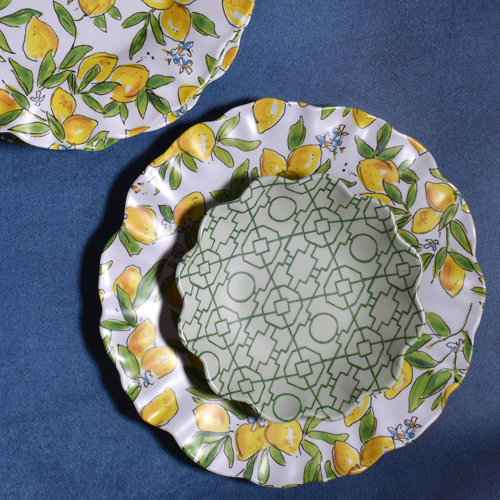 Merritt French Lemons 11-1/2" Melamine Dinner Plates with Scalloped Ri ...