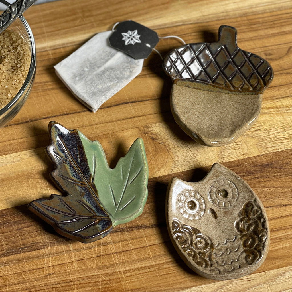 Acorn, Maple Leaf, and Owl Woodland Teabag Coasters by MudWorks Potter ...