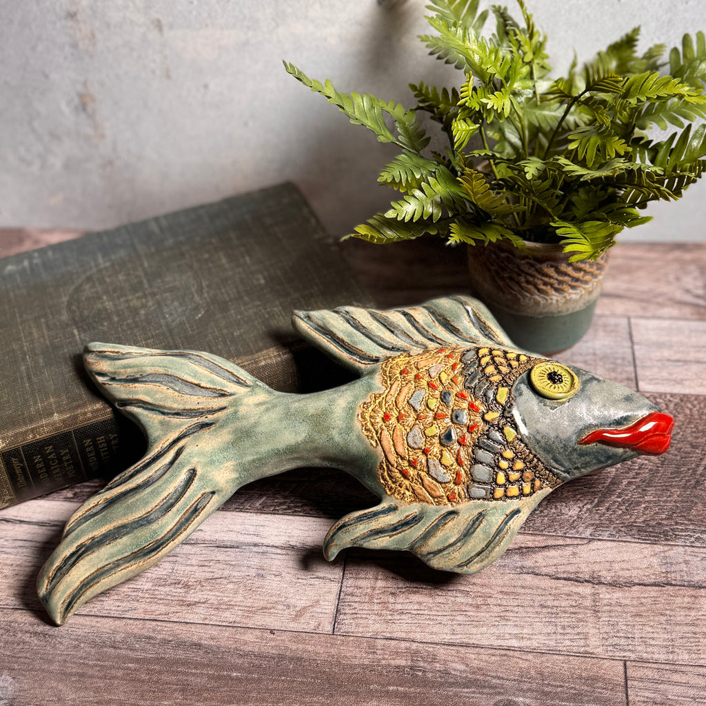 Fischer in Old Copper Ceramic Fish Wall Plaque by Laurie Pollpeter Esk ...