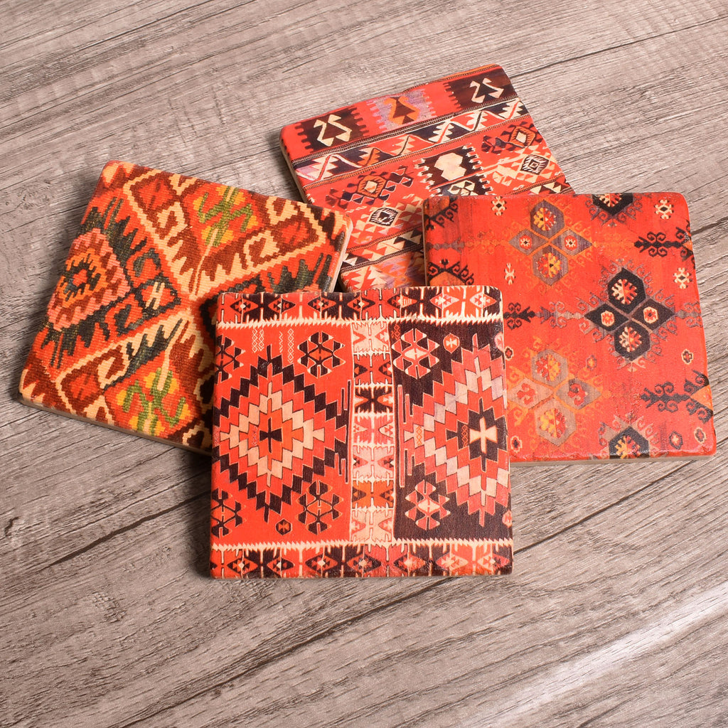 Studio Vertu Red Kilim Patterns Tumbled Marble Coasters, Set of 4 – The ...
